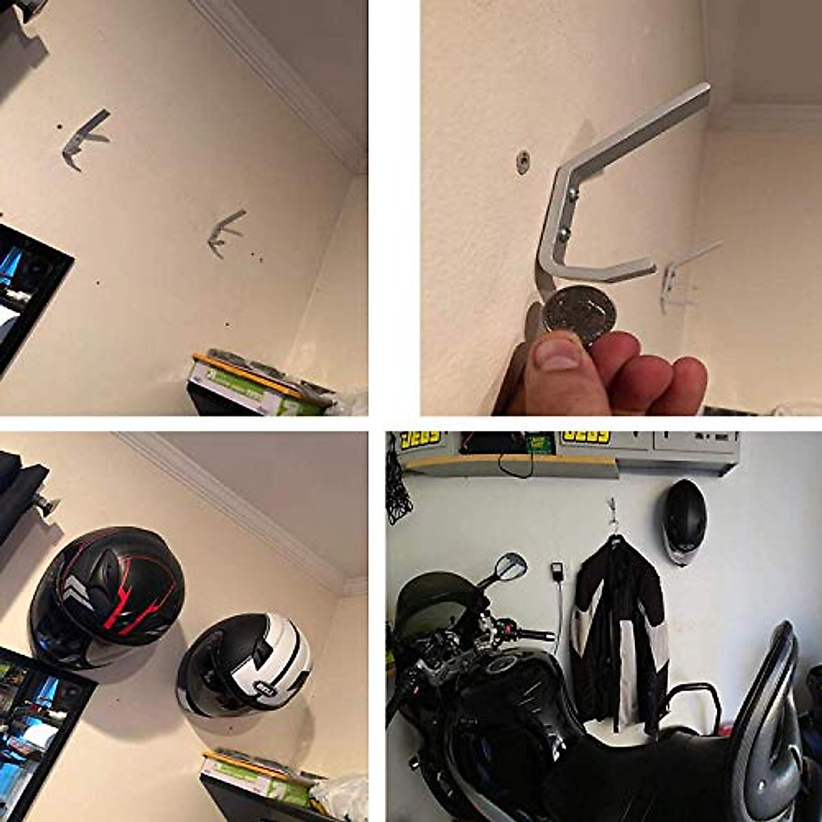 4/PK Helmet Rack Helmet Wall Display Rack Helmet Storage Holder, Wall Mounted Motorbike Helmet Storage Rack Hanger, for Coats, Hats, Caps - No Helmet - with Mounting Hardware