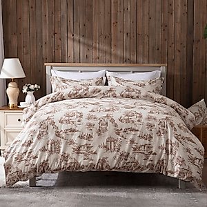BISELINA Vintage Linen Duvet Cover Set Landscape Printed Pattern 3pcs (1 Comforter Cover, 2 Pillow Shams)- Natural Flax Cotton Blend Reversible Breathable Retro Country Bedding - Coffee, Queen