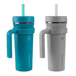 ThermoFlask Premium Quality Double Wall Insulated Stainless Steel Tumbler with Handle and Straw Lid, 32 Ounce, 2-Pack, Crystal Teal/Circular Grey
