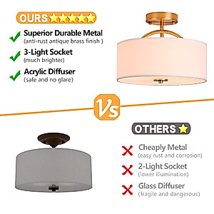 Bargeni Flush Mount Ceiling Light,13 inch Mid Century Modern Ceiling Light Fixture,Antique Brass with Fabric Shade,3-Light Drum Light Fixture for Bedroom,Dinning Room,Foyer and Kitchen