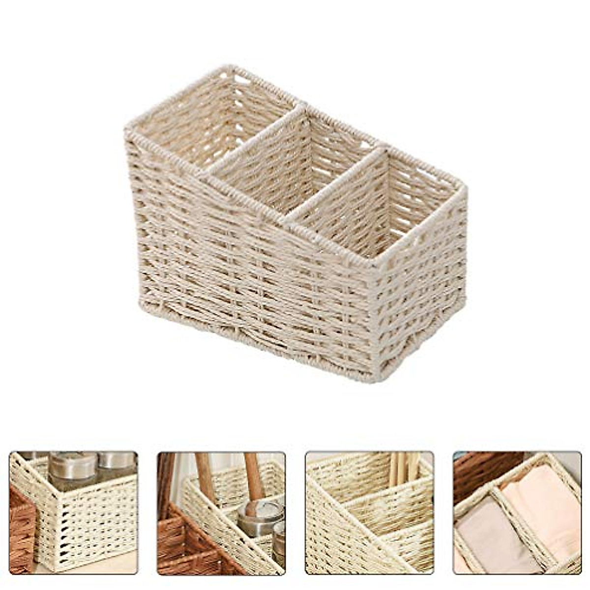 DOITOOL Wicker Storage Basket with 3- Compartment Magazine Hyacinth Basket Weave Organizer Baskets Desktop Storage Box Sundries Container Desk Basket Bins for Bathroom Office