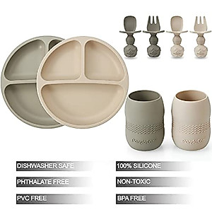 PandaEar Silicone Baby Feeding Set| 2 Pack Silicone Divided Suction Plate and 2 Pack Tiny Cup with 2 Spoons 2 Forks| Baby Led Weaning Supplies Self Feeding Eating Utensils (Light Tan/Walnut)