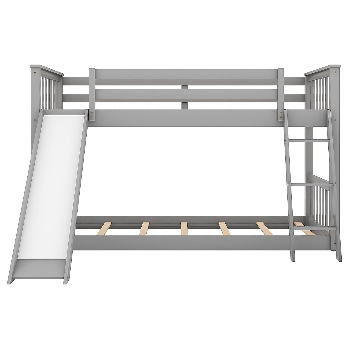 Harper & Bright Designs Bunk Bed Twin Over Twin,Wooden Twin Bunk Bed with Slide & Angled Ladder, Low Profile Toddler Bunk Beds for Kids, Floor Bunk Beds for Girls Boys,Grey