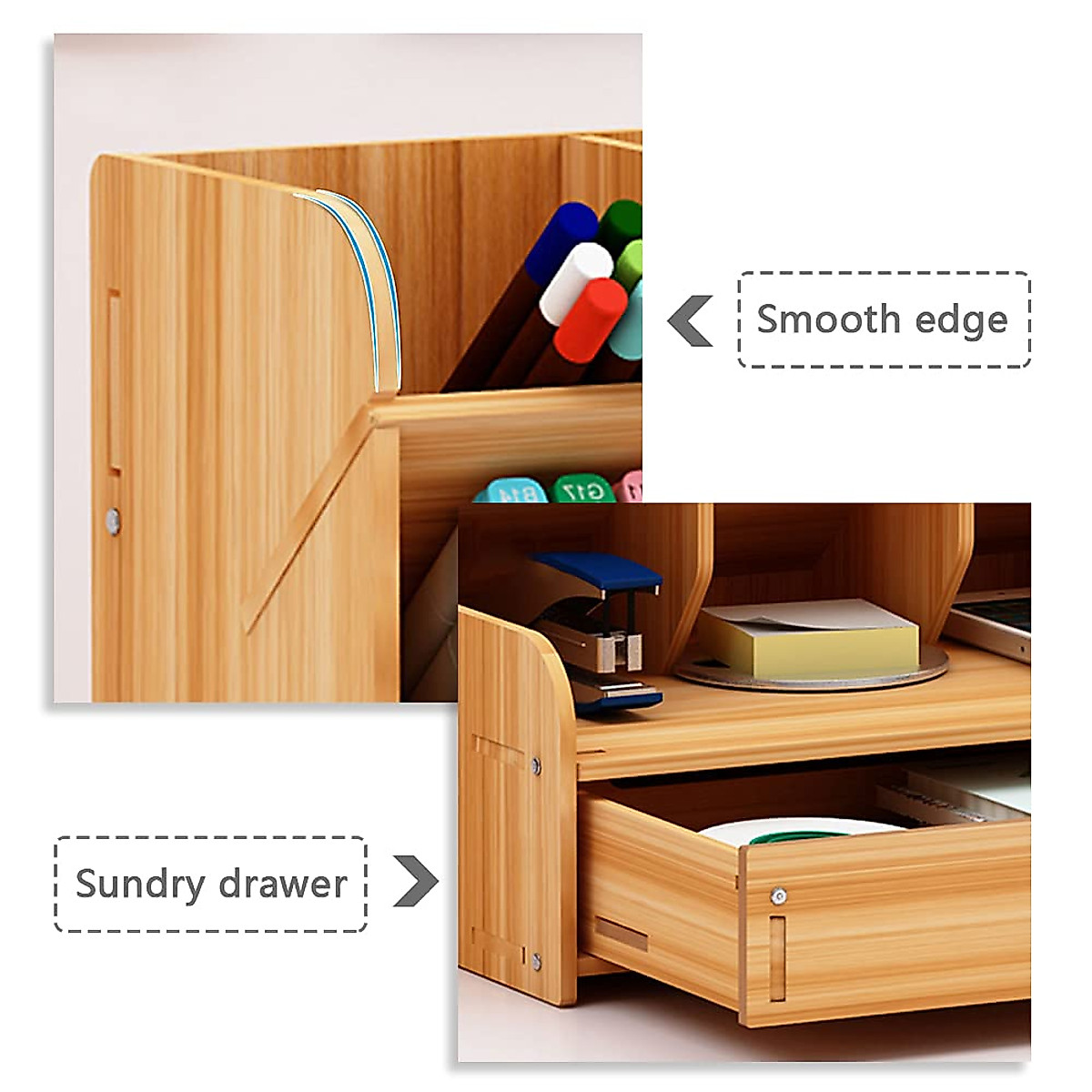 dsfen Wooden Desktop Organizer Multi-Functional Pen Holder Storage Box Desktop Stationary Storage Organizer with Drawer for Home Office School