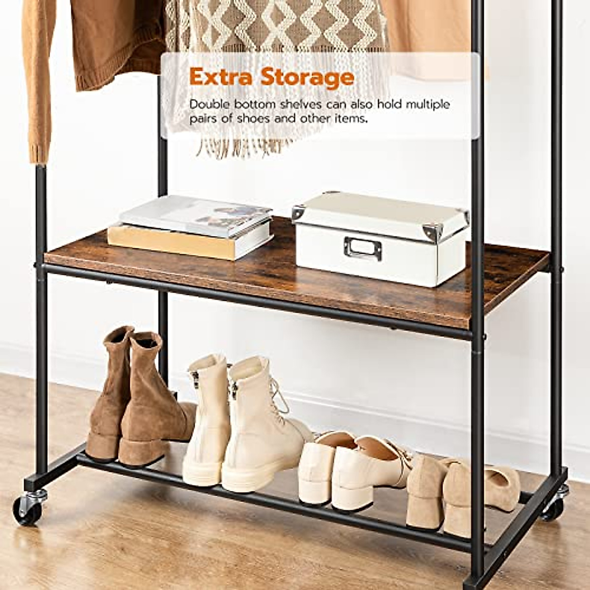 HOOBRO Garment Rack, Rolling Clothing Rack with Shelf, Heavy Duty Double Rods Clothes Rack on Wheels, Hanging Rack for Clothes, Shoes,Storage Display, BF22LY01