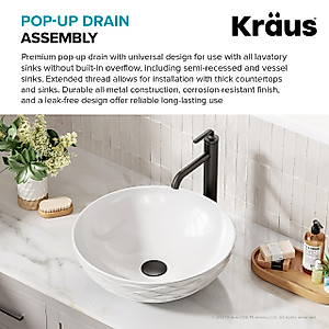 Kraus PU-L10MB Bathroom Pop-Up Drain Assembly for Vessel Sinks Without Overflow, with Extended Thread for Thicker Countertops, 10 3/4 Inch, Matte Black