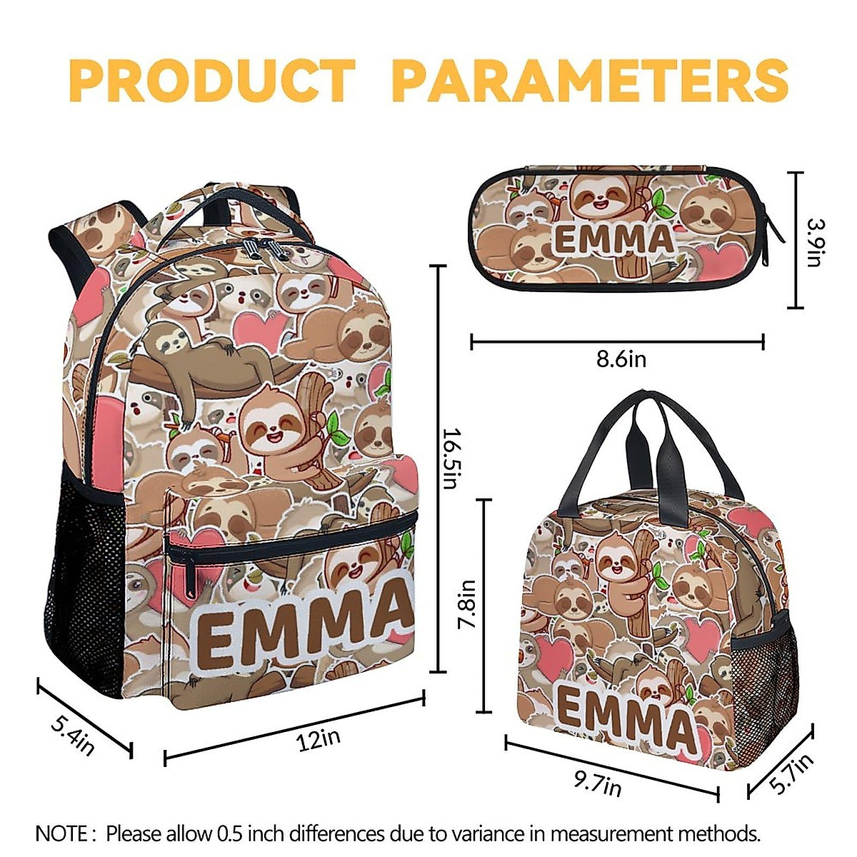 Mercuryelf Personalized Sloth Girls Boys Backpack with Lunch Box Set, 3 in 1 School Travel Backpacks Matching Combo, Cute Brown Bookbag and Pencil Case Bundle