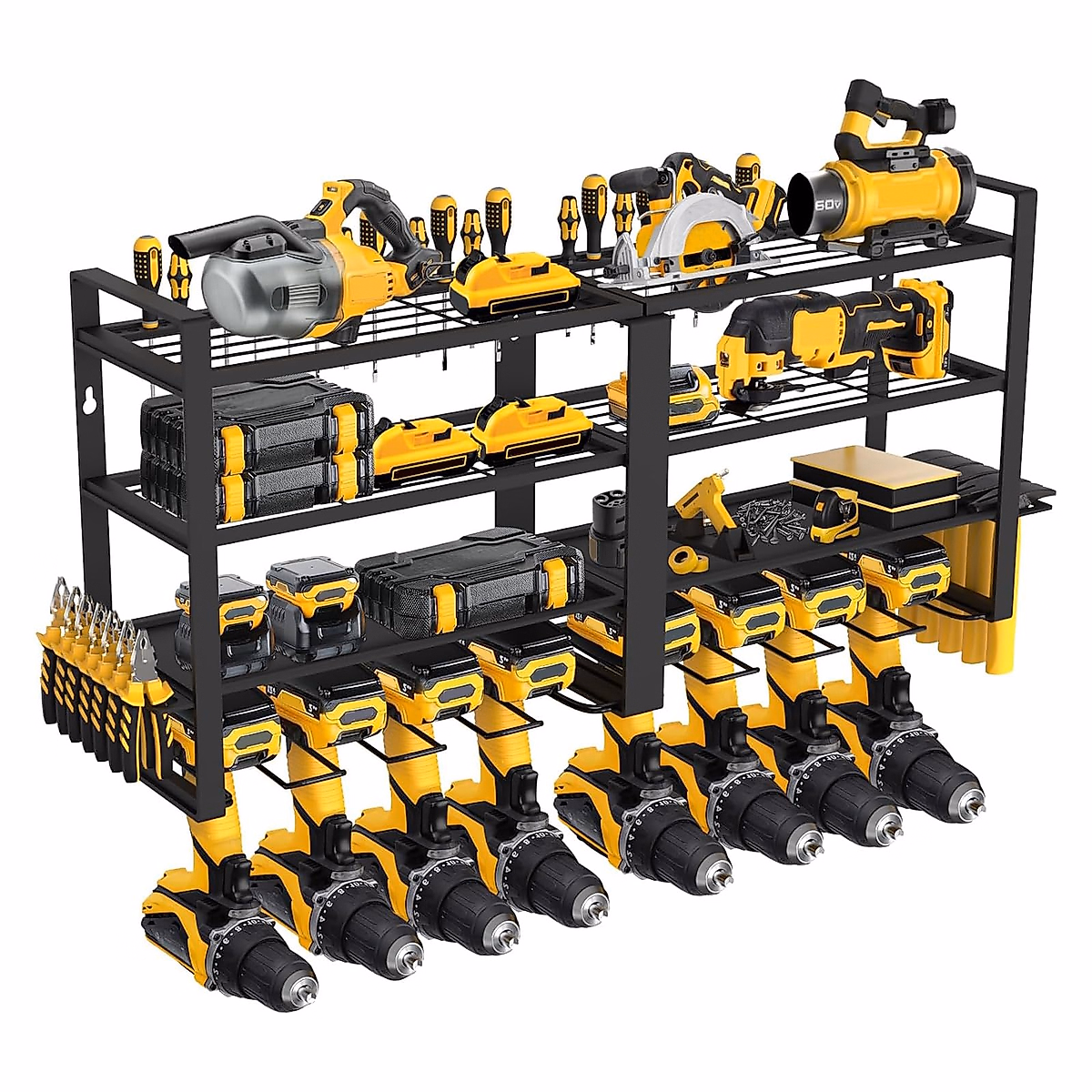 jsyonii Power Tool Organizer,8 Drill Holder Wall Mount,4 Layers Wall Mount Garage Organizers,Floating Cordless Metal Heavy Duty Tool Organizers Utility Rack with Screwdriver Pliers Hammer Holder