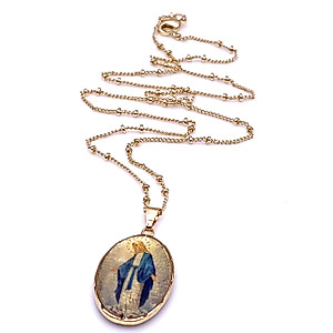 LESLIE BOULES Virgen La Milagrosa Pendant Necklace 18K Gold Plated Chain 18 Inches Length