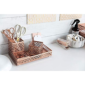 Blu Monaco Office Supplies Rose Gold Desk Accessories for Women-6 Piece Interlocking Stylish Desk Organizer Set- Pen Cup, 3 Accessory Trays, 2 Letter Trays-Rose Gold Paper Tray Holder