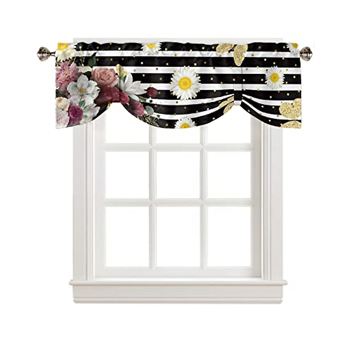 Tie Up Valance Curtains Blooming Flowers Gold Butterfly Gardon Kitchen Cafe Valances for Windows,Rod Pocket Adjustable Balloon Window Shades for Living Room Bathroom Black White Stripe,1 Panel