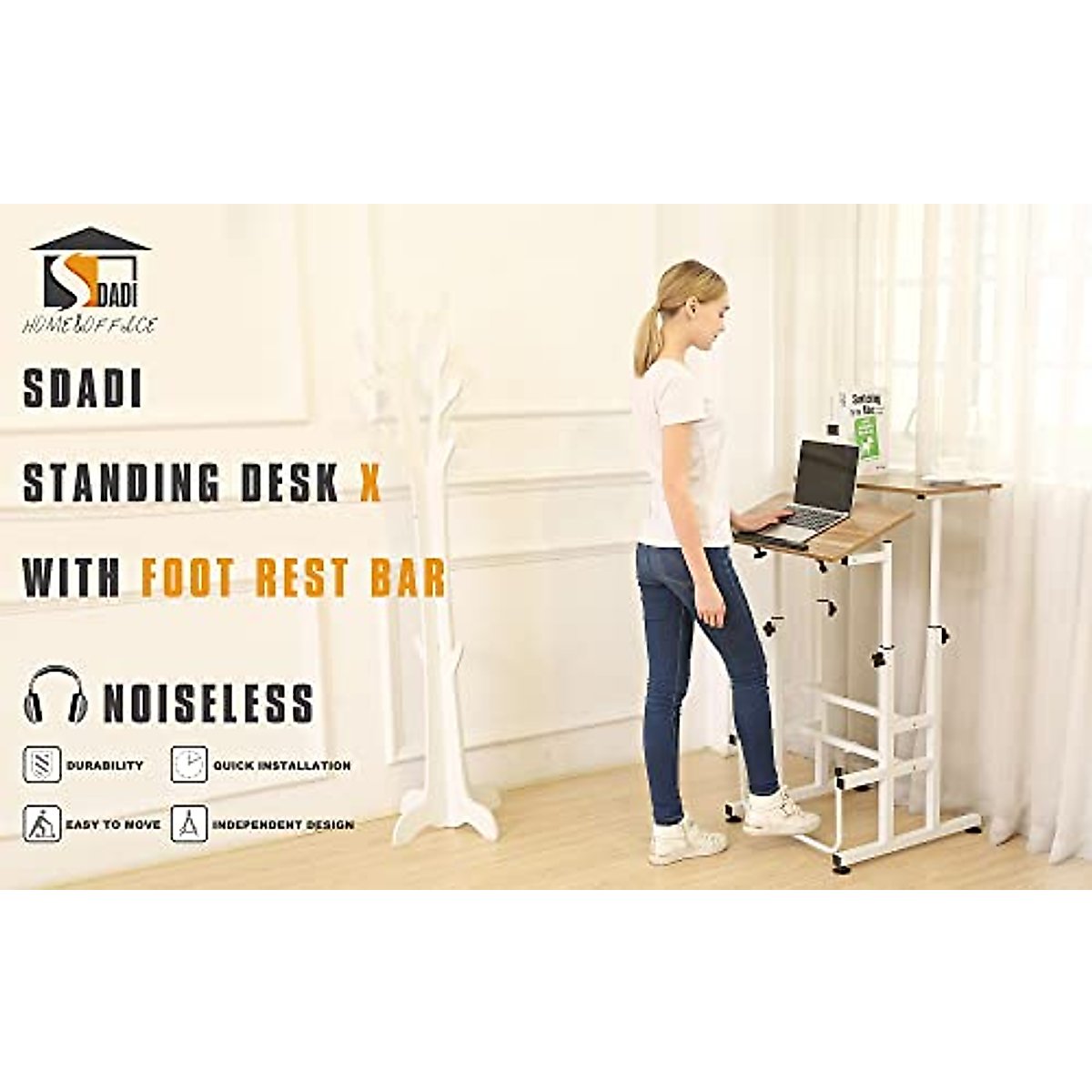SDADI 2 Inches Carpet Wheels Mobile Standing Desk Stand Up Desk Height Adjustable Home Office Desk with Standing and Seating 2 Modes 3.0 Edition, Light Grain S001WFLT