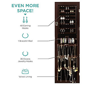 Best Choice Products 6-Tier Full Length Standing Mirrored Lockable Jewelry Storage Organizer Cabinet Armoire w/ 6 LED Interior Lights, 3 Angle Adjustments, Velvet Lining, Espresso