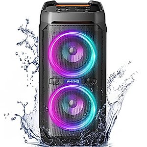 W-KING 100W Bluetooth Speakers V5.3, IPX6 Waterproof Portable Loud Speaker with Deep Bass/110dB Huge Sound/DSP, Karaoke Outdoor Boombox with Lights/Mic & Guitar Port/Echo/USB Port/EQ/Adapter Included
