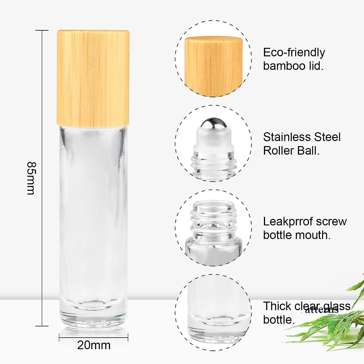 Clear Refillable Glass Empty Roll on Bottles Roller Bottle,10ml Bamboo Roll On Bottle For Essential Oils Perfume Sample Bottles With Stainless Steel Roller Ball &Bamboo Cap,12pcs