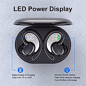 Bluetoth Headphones, Wireless Earbud with Sports Earhooks, Earphones in Ear Waterproof with Microphone LED Display, Touch Control, 48H Playtime, Bluetoth 5.1 Wireless Headset with Charging Case