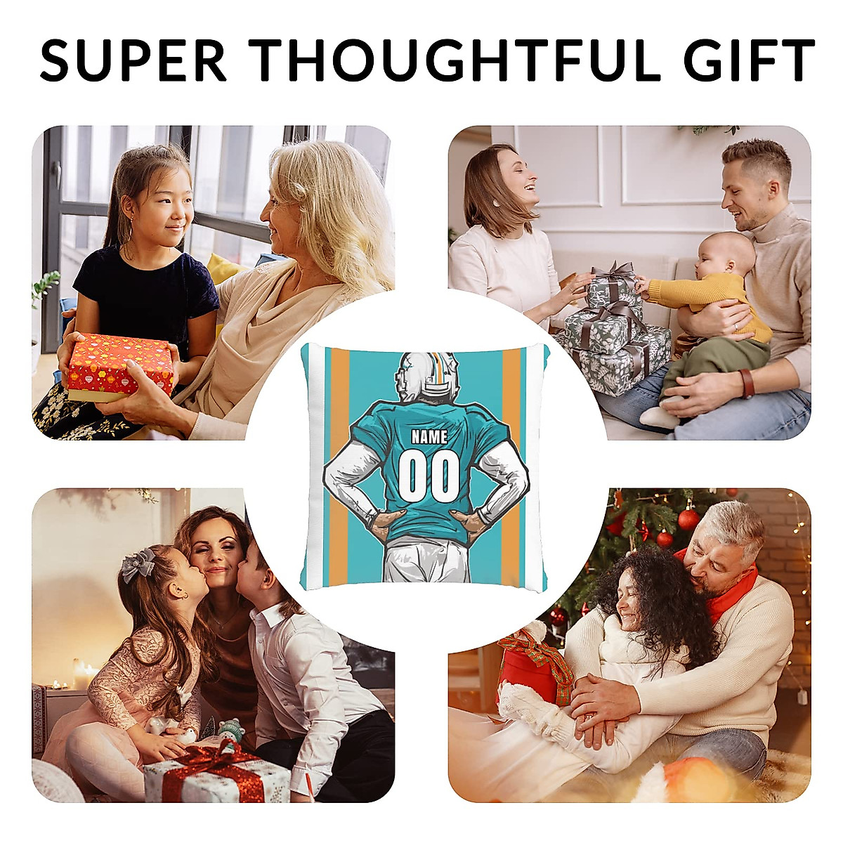 Onemiliayears Football Team Custom Pillowcass - 18 in 18 in Name & Number Customized Football Style Pillow for Brithday Gift, Super Soft Football Sports Custom Made Pillow Cover for Men （Miami Blue）