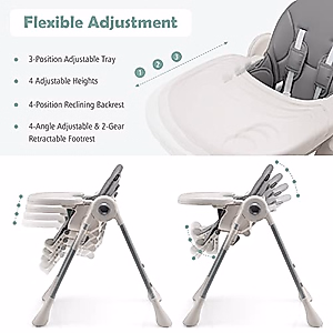 BABY JOY Convertible High Chair for Babies & Toddlers, Foldable Highchair with Adjustable Backrest/Footrest/Seat Height, Double Removable Tray, Detachable PU Cushion, Built-in Front Wheels (Gray)