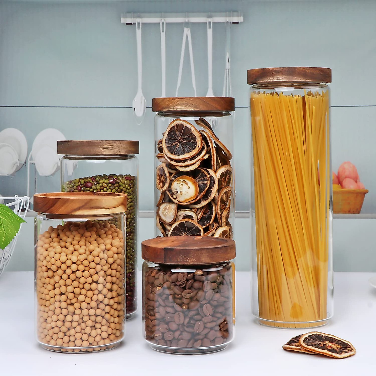 Flrolove Glass Canisters With Wooden Lids Kitchen Jars for Storage ,Tea ,Sugar and Coffee Container Set ,Set of 5 Canisters for Candy, Cookie, Rice and Spice Jars