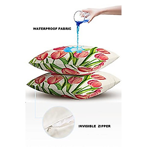 Outdoor Pillow Covers Waterproof, Spring Tulip Throw Pillowcase Decorative Cover, Farmhouse Beautiful Bright Red Floral Garden Cushion Case Set of 2 for Sofa, Couch, Tent, Patio 18"x18"