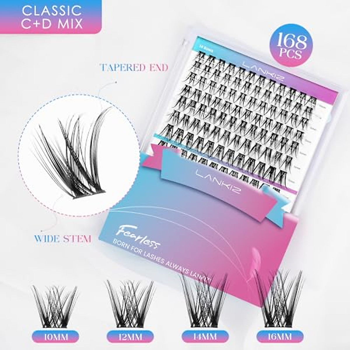 LANKIZ DIY lash Extensions Wispy, Lash Clusters Individual Lash Extensions,168 Clusters C+ D Mix Curl, Soft & Lightweight 10-16mm Mix Resuale Wide Band+Mix Style Cluster Lashes (Classic C/D)