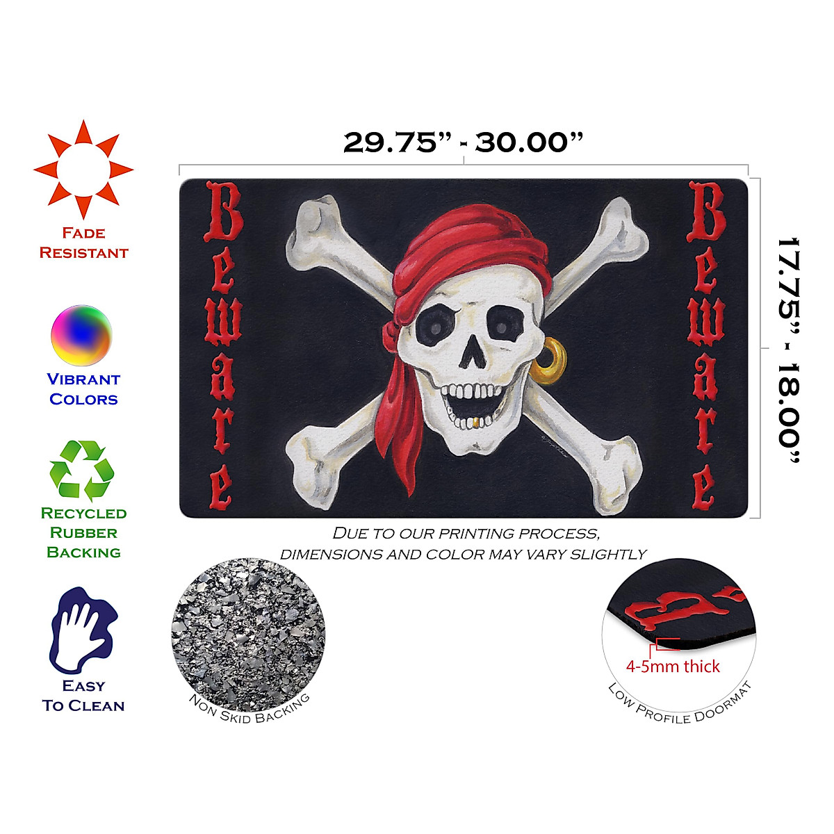 Toland Home Garden 800052 Beware Funny Door Mat 18x30 Inch Pirate Outdoor Doormat for Entryway Indoor Entrance