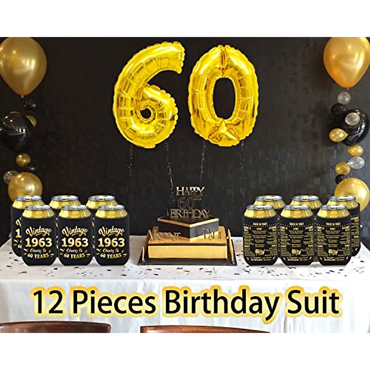 BdayPtion 60th Birthday Decorations for Men Women, Turning 60 Party Decorations, 60 Year Old Bday Party Supplies, Sixty Birthday Present, Back in 1963, Black and Gold Pack of 12 Can Cooler Sleeves
