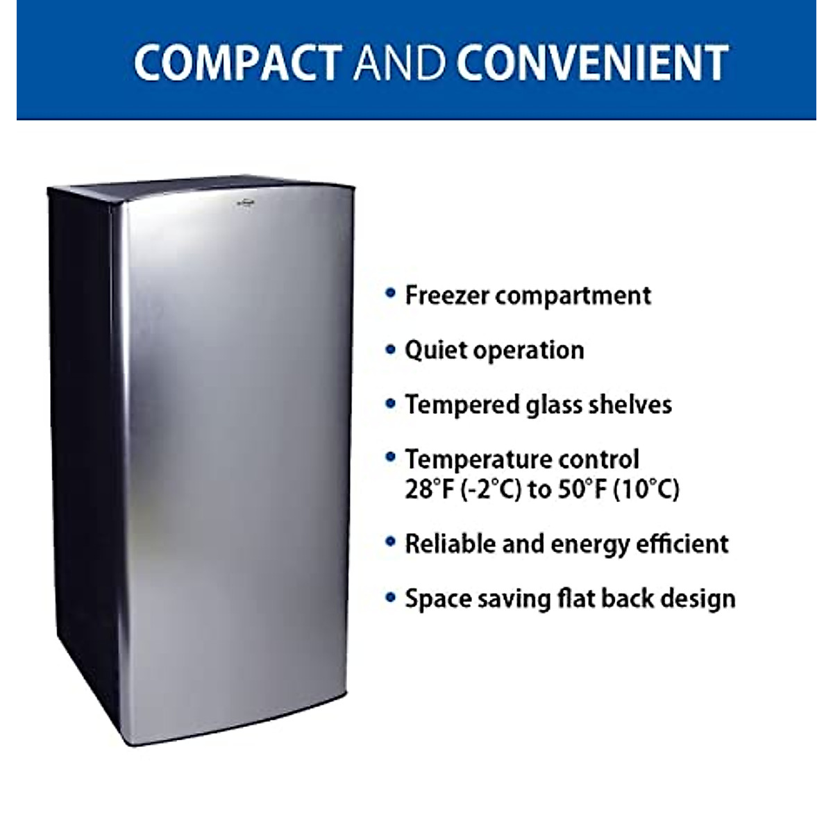 Koolatron Stainless Steel Compact Fridge with Freezer, 6.2 cu ft (176L), Silver/Black, Space-Saving Flat Back, 0.9 cu ft (25.5L) Freezer, Tempered Glass Shelves, Basement, Office, Cottage, Home Bar