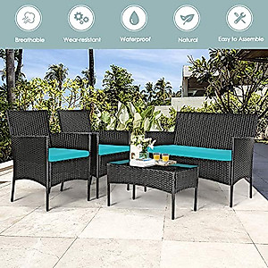 DORTALA 4 Pieces Rattan Patio Furniture Set, Practical Conversation Set w/Tempered Glass Top Table, Outdoor Wicker Sofa Set w/Removable Cushions for Poolside, Backyard