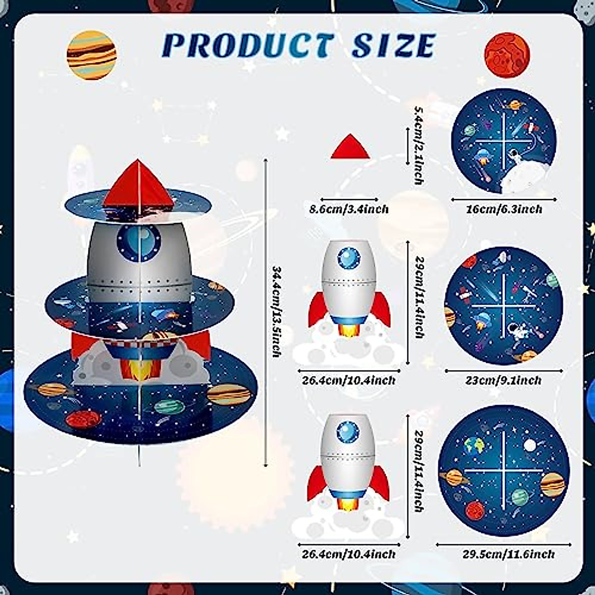 Space Cupcake Holder, Rocket Theme Birthday 3 Tier Cardboard Cupcake Stand, Galaxy Style Dessert Tower Display for Party Supplies Decoration
