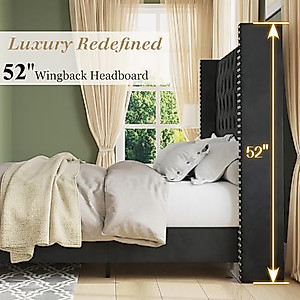 Jocisland King Upholstered Bed Frame with Tall Headboard Wingback Platform Bed Tufted Deep Button Velvet/No Box Spring Needed/Easy Assembly/Black
