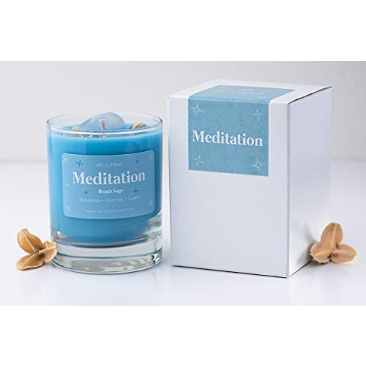 My Lumina Meditation Aromatherapy Candle w/Clear Quartz Crystal Inside, Beach Sage Relaxing Calming Positive Peace Energy, Soy Wax Blue Scented Candle for Home,Bath,Bathroom,Yoga,Self Care,Gift,Women