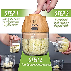FYD Electric Garlic Chopper, Portable Onion Chopper - Spice Grinder Electric with Type C Charge Port - Veggie Chopper for Chili Ginger Onion Vegetable Fruit and Nuts - 250ML (Light Wood)