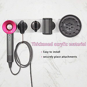 Floatant Wall Mount Hair Dryer Holder Compatible with Dyson Supersonic, Hair dryer holder, Acrylic Attachments Organizer with Hooks for Accessories Nozzles, Wide-Tooth Comb, Diffuser (Transparent)