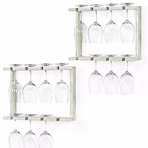 OYEAL Wine Glass Rack Wall Mounted Wood Stemware Storage Holder Rustic 2 Tier Hanging Wine Glass Storage Rack Kitchen Wine Glass Holder, Set of 2, Rustic Green