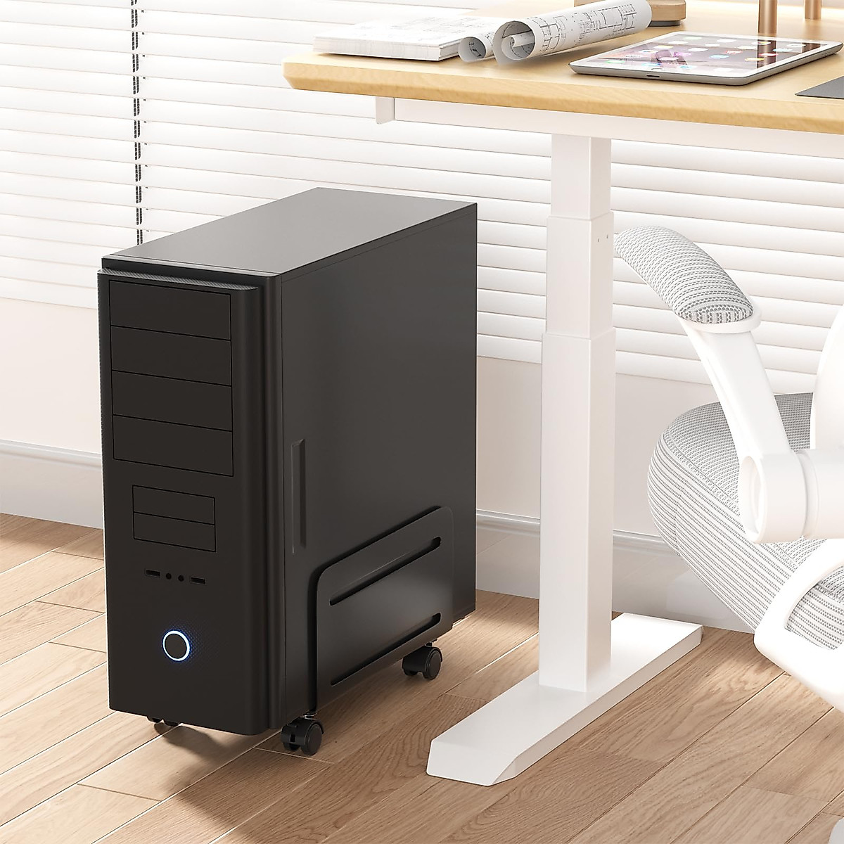 CPU Stand, Computer Tower Stand with 2 Locking Wheels and 2 Caster Wheels, UPC Steel Rolling Stand Computer Stand for Desktop Tower (Black)