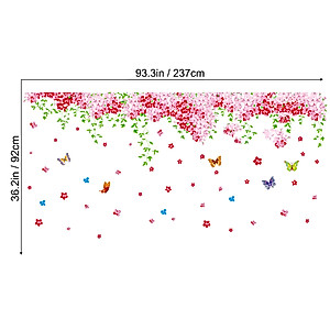 RW-239 Pink Flowers Wall Decals 3D Warm Peach Blossom Wall Stickers DIY Removable Butterfly Cherry Floral Green Tree Leaf Wall Art Decor for Kids Girls Bedroom Living Room Nursery Decoration