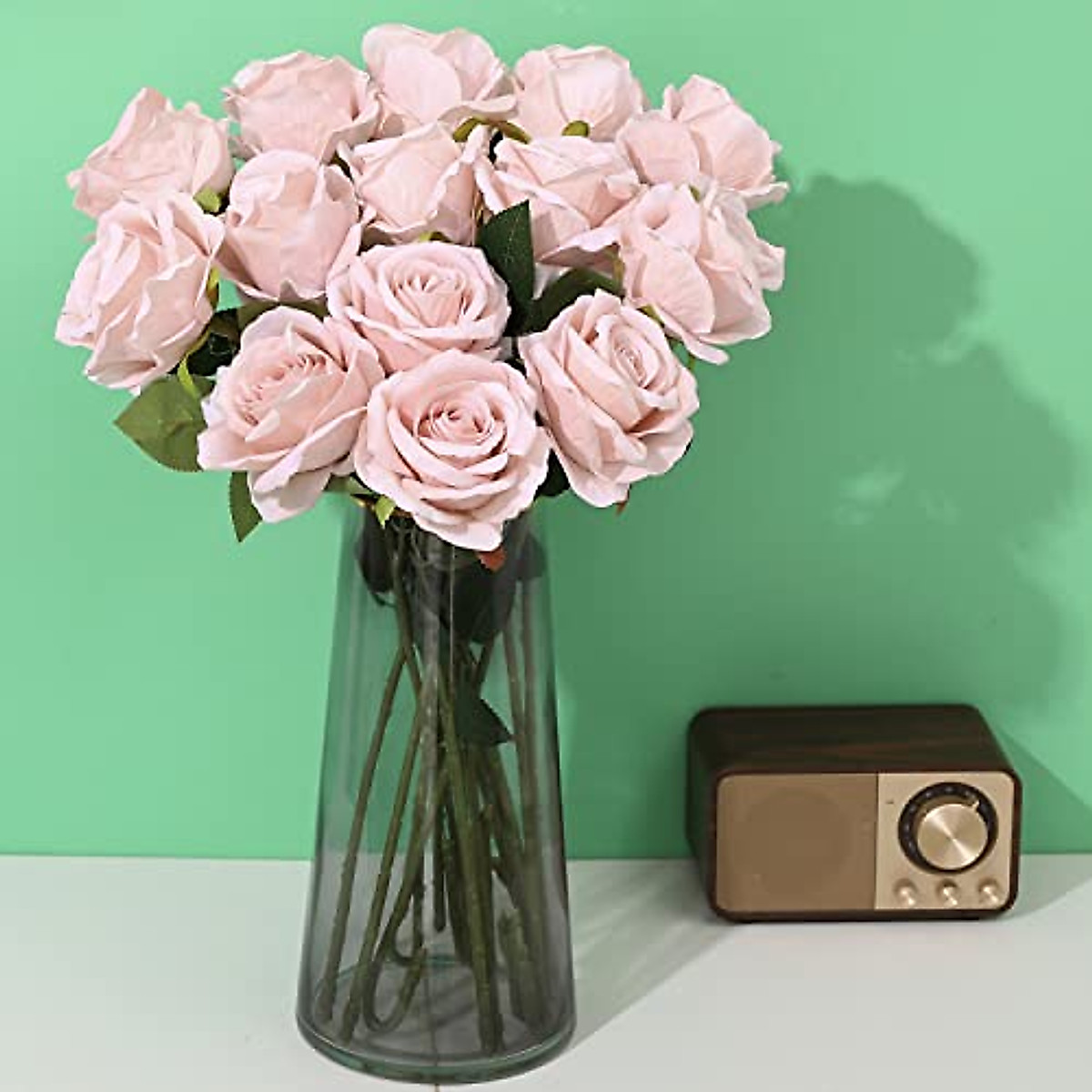 Cloudecor 15Pcs Artificial Roses Velet Real Touch Single Stem Fake Roses Silk Realistic Bouquet Flowers Arrangements Home Office Garden Grave Party Wedding Decoration(Light Pink-15p, Blossom Roses)