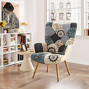 Fahomiss Accent Chair, Living Room Chair, Modern High Back Armchair, Colorful Patchwork Reading Chairs for Bedroom, Lounge Chair with Linen Fabric Shell and Solid Wood Feets (1, Blue)