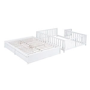 Wood Full Size Daybed with Fence Guardrails and 2 Drawers, Used as Independent Floor Bed & Daybed,for Kids Toddler Teens Adults Bedroom Use (White@Fence/, Full)