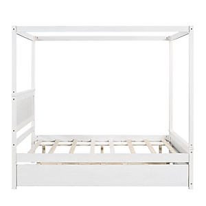 Full Size Canopy Bed with Trundle Bed, Solid Wood Full Platform Bed with Headboard, Footboard and Slat Support,Modern 4 Poster Panel Bed for Kids, Teens, Adults. No Box Spring Needed (Full, Gray)