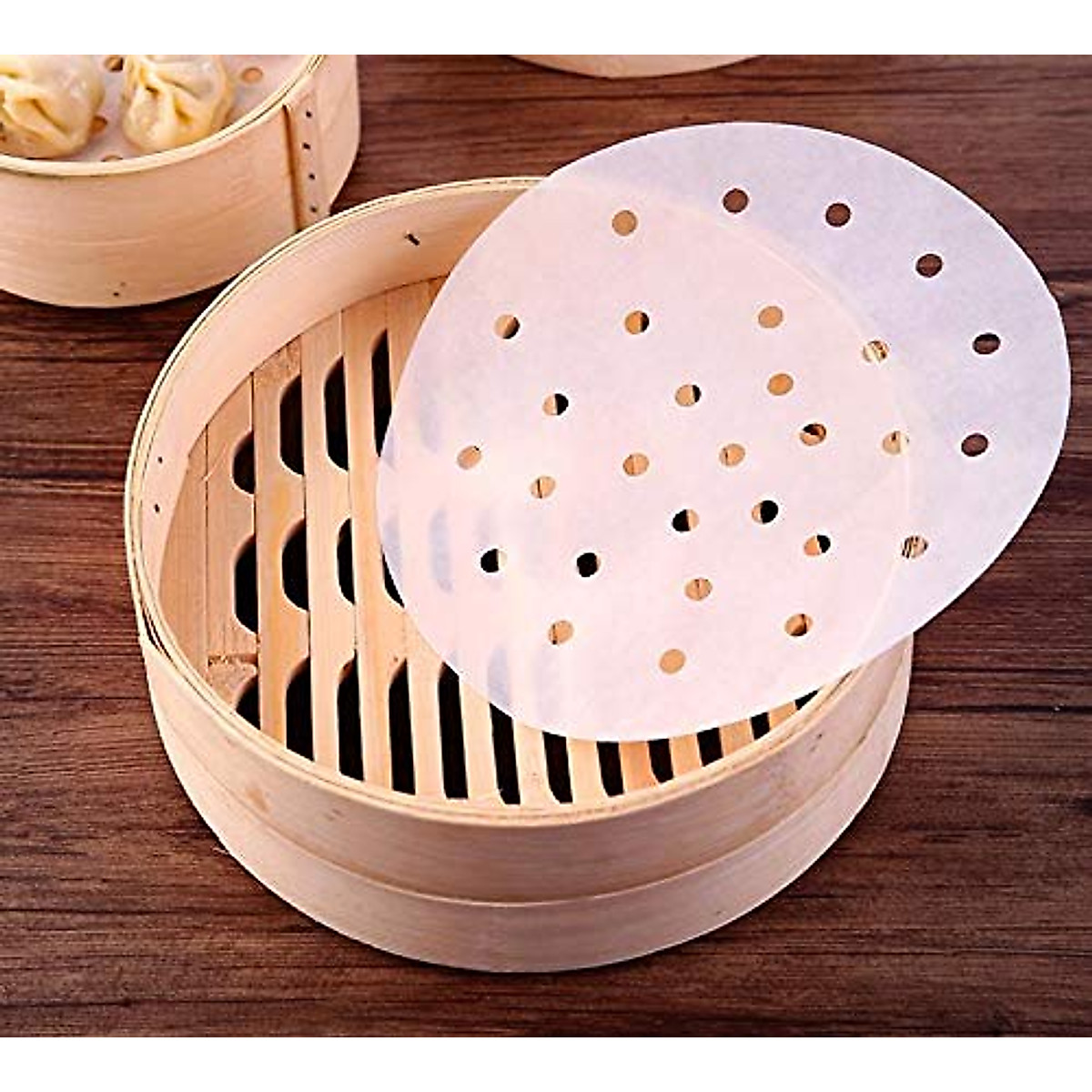 100pcs Air Fryer Liners, 10 inches Bamboo Steamer Liners, Premium Perforated Parchment Steaming Papers, Non-stick Steamer Mat