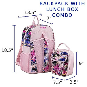 FUEL Backpack with Lunch Box Combo – 18.5” Two Compartment Water Resistant Durable Adjustable Straps with Side Water Bottle Pockets 2 in 1 Set – Tropical Palm Print