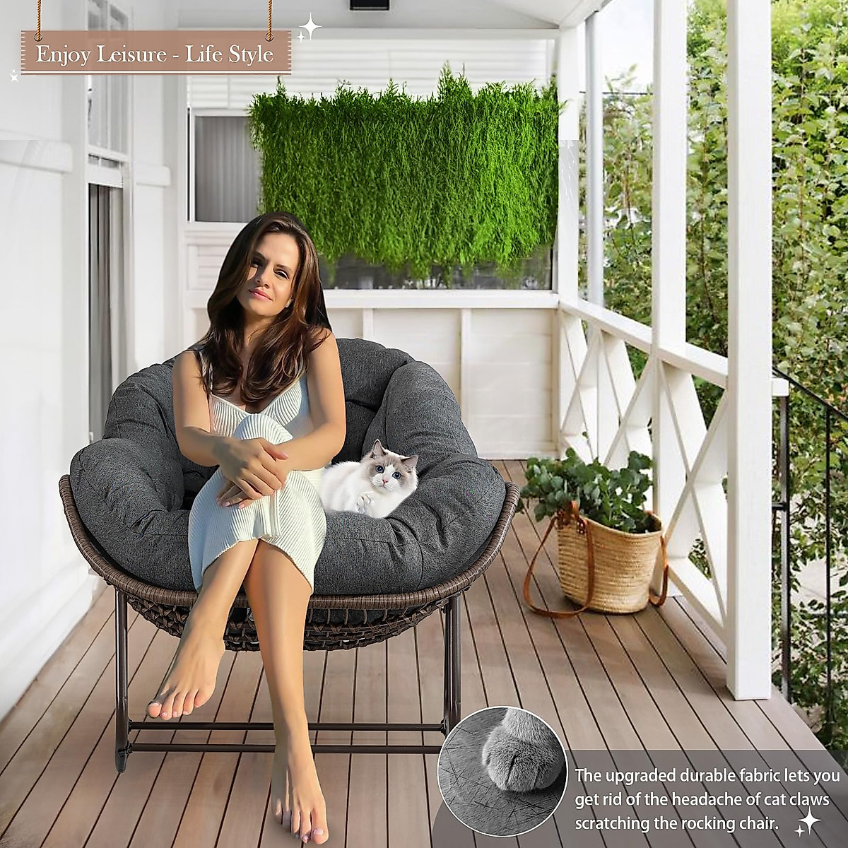 Patio Outdoor Rocking Chair Set of 2, Indoor Rattan Rocker Egg Chair, Comfy Oversized Papasan Chair with Thicker Cushion for Patio, Front Porch, Backyard, Garden, Balcony, Lounge, Living Room, Grey