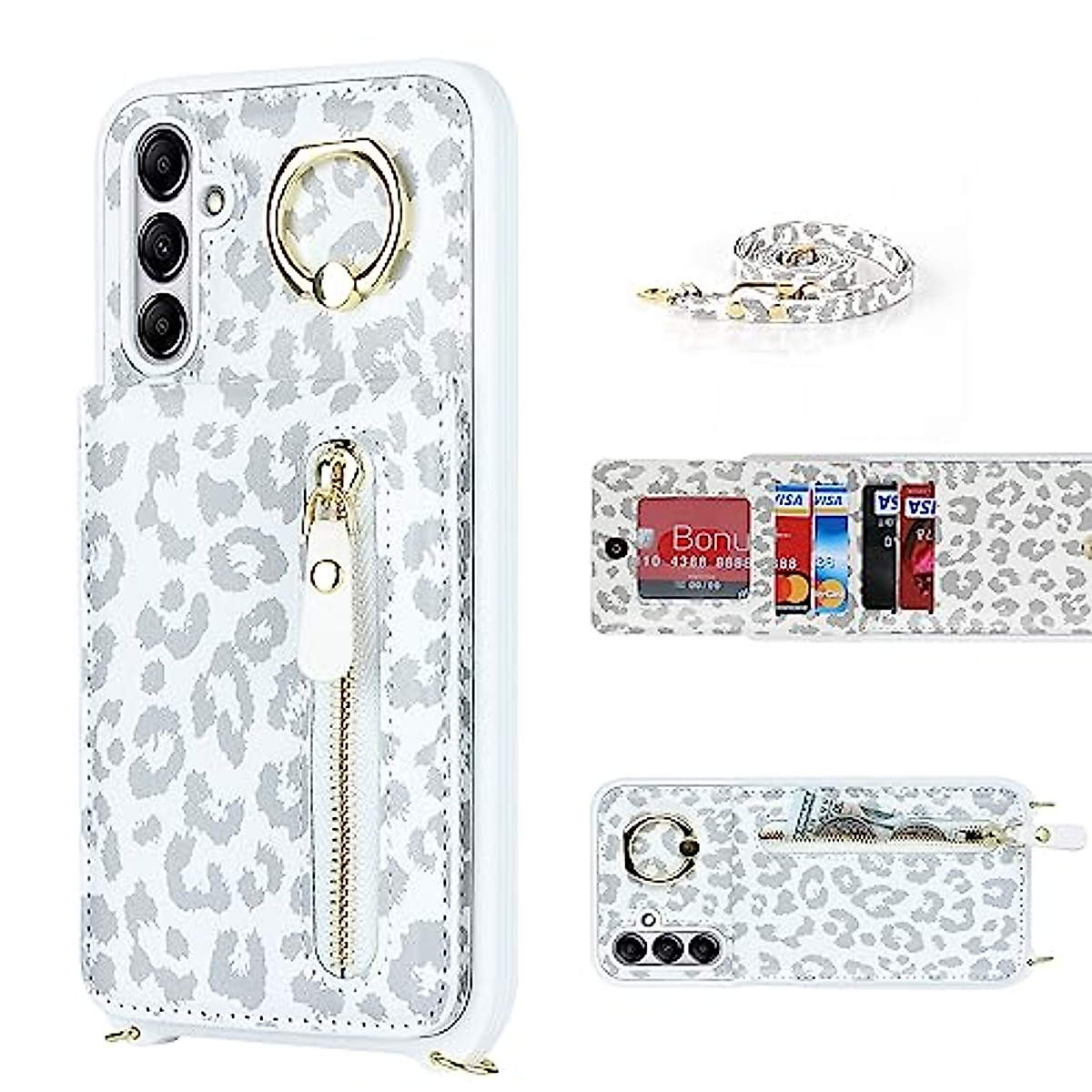 Jaorty Samsung Galaxy A14 5G Phone Case for Women with Card Holder,Crossbody Phone Case for Samsung Galaxy A14 with Strap Lanyard,Credit Card Slots Kickstand Case with Ring Holder,White Leopard