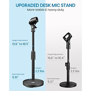 Moukey Desk Mic Stand with Non-Slip Mic Clip Adjustable Table Top Microphone Stand with 5/8" Male to 3/8" Female Screw Fits Most Microphone, MMs-2