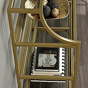 Sauder International Lux Console Table 5 Tier Modern Metal Multipurpose Sofa Table Bookcase with Glass Shelving, in Satin Gold