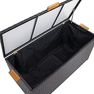 Sunnydaze 75-Gallon Faux Wicker Outdoor Deck Storage Box with Acacia Wood Handles - Hinged Lid - Black