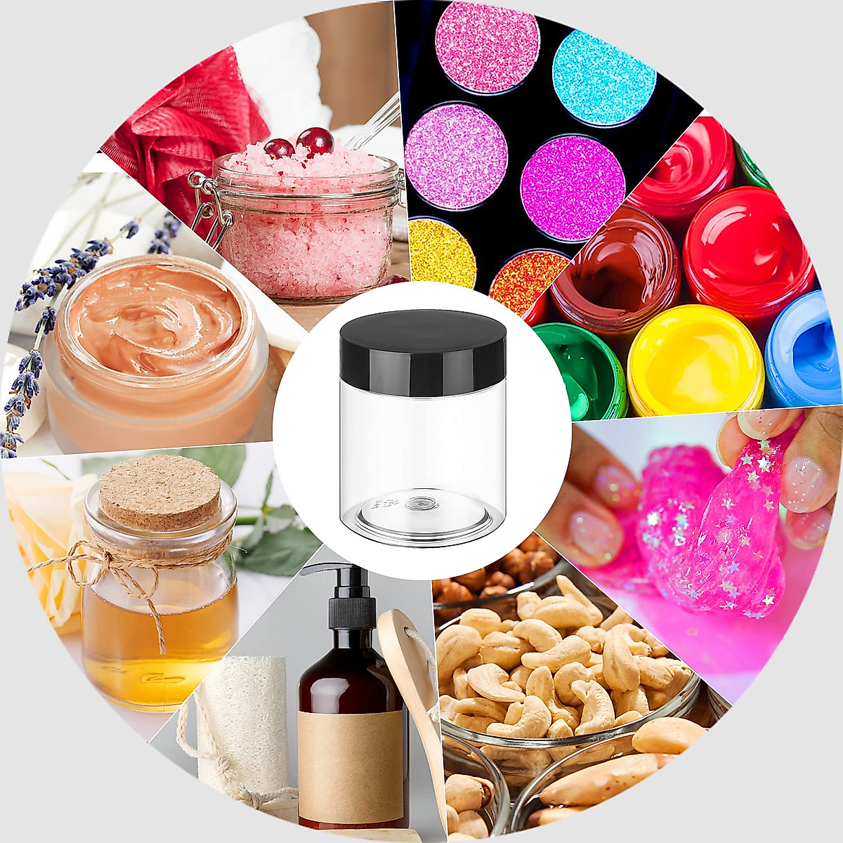 Hajoyful Plastic Jars with Lids 8OZ 36PCS,Small Cosmetic Slime Containers Clear Travel Round Jars Empty Refillable Sample Containers Leak Proof Pot with Black Lids for Lotion, Cream, Cosmetics