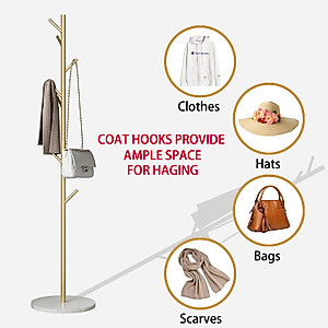DR.IRON Metal Coat Rack Freestanding, Gold Coat Rack Stand with 8 Hooks, Sturdy Coat Racks with Marble Base, Coat Tree for Entryway, Hallway, Bedroom, Coat Hanger for Coats, Hats, Bags, Scarves